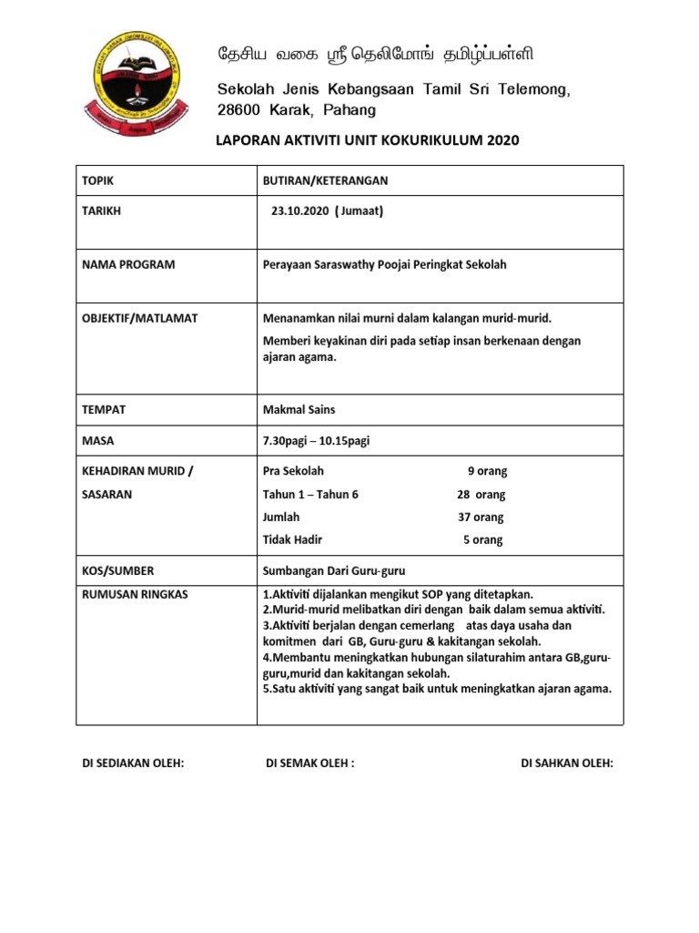 Laporan & Kertas Kerja Saraswathy Poojai | PDF