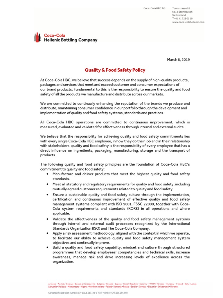 Quality Food Safety Policy March 2019 | PDF | Food Safety | Quality ...