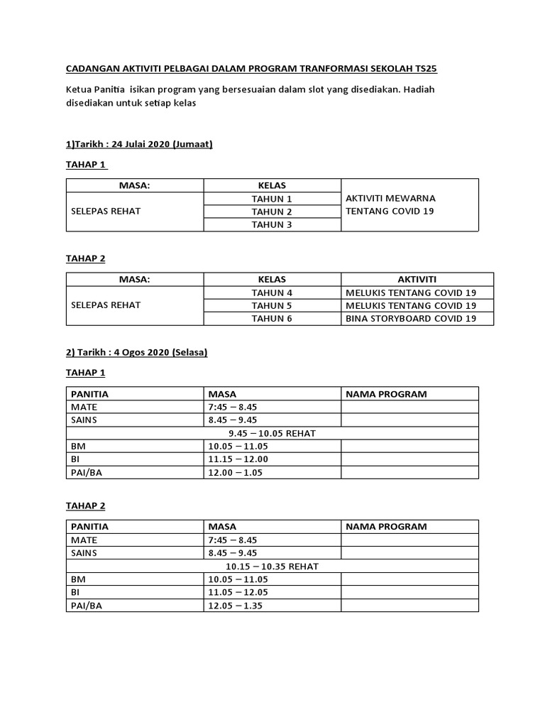 Cadangan Aktiviti Pelbagai Dalam Program Tranformasi Sekolah TS25 | PDF