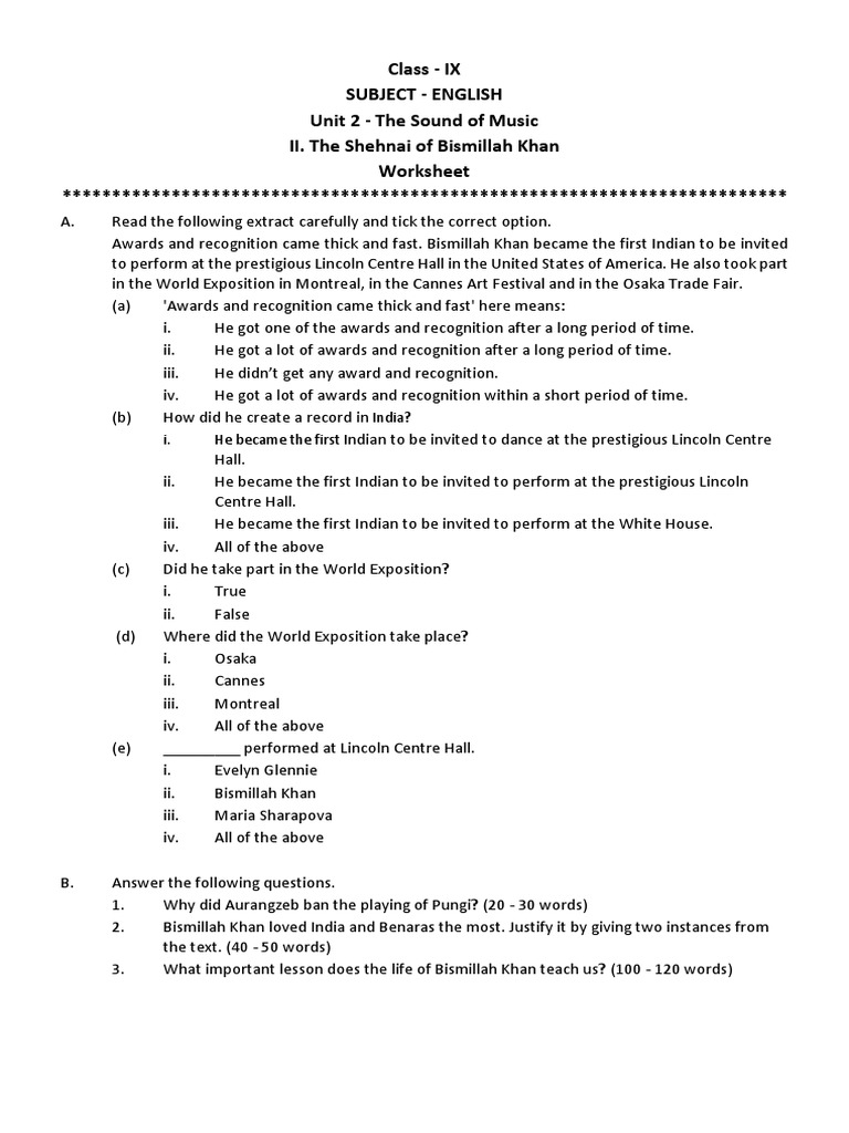 Sound of Music Class 9 Worksheet | PDF