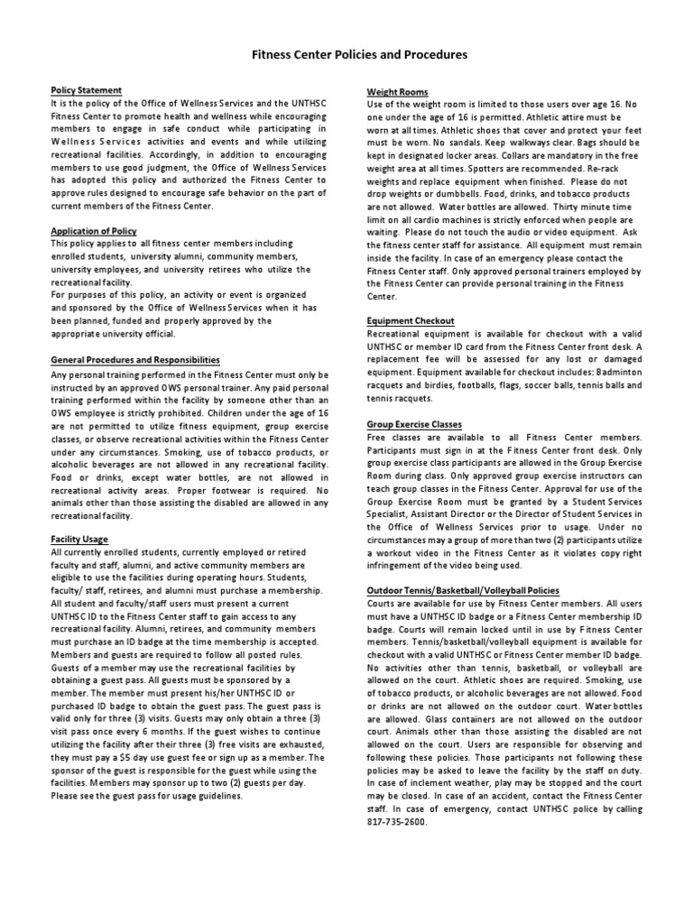 Fitness Center Policies and Procedures: Policy Statement Weight Rooms ...
