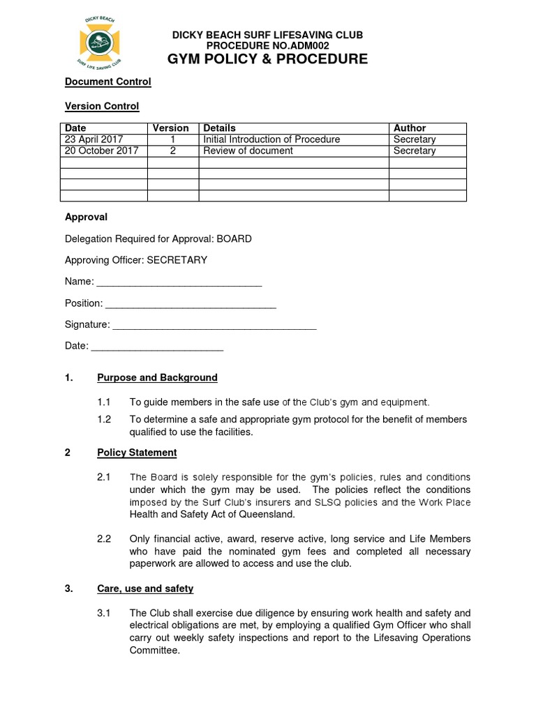 Gym Policy & Procedure: Dicky Beach Surf Lifesaving Club Procedure No ...