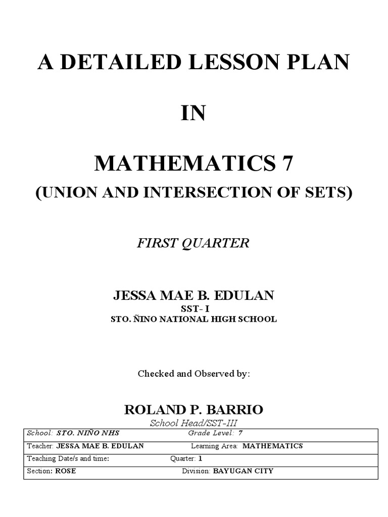 A Detailed Lesson Plan IN Mathematics 7: Union and Intersection of Sets ...