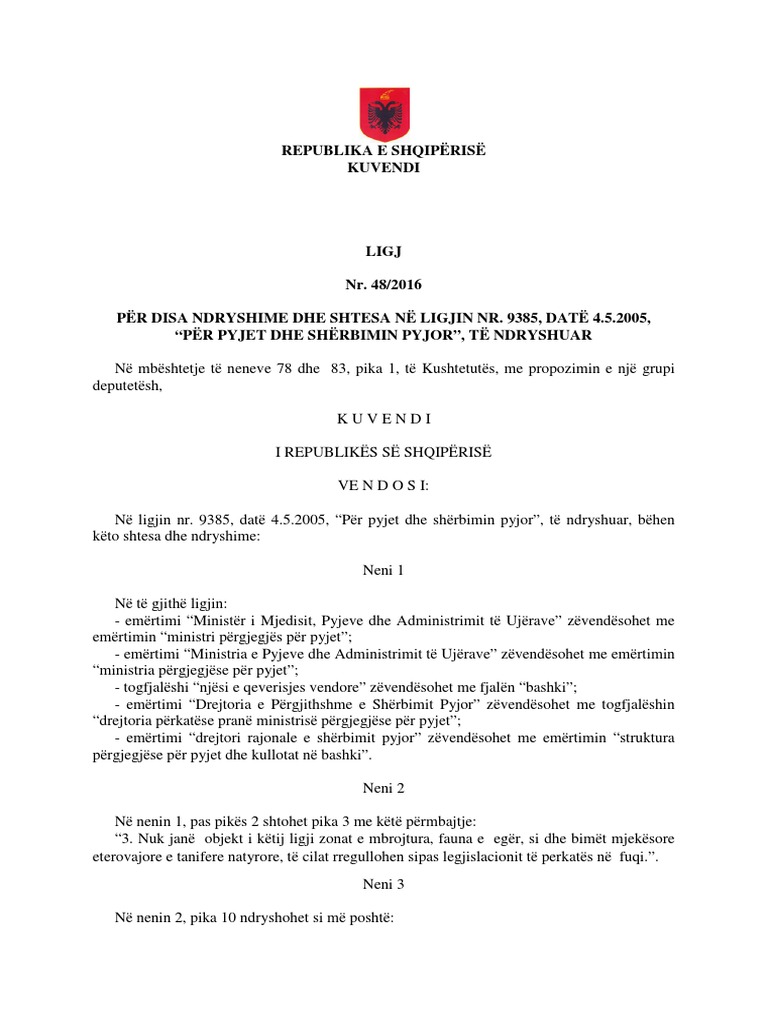 Ligj-Nr.-48-Dt.-5.5.2016 Ndryshim Pyjet Dhe Sherbimi Pyjor | PDF