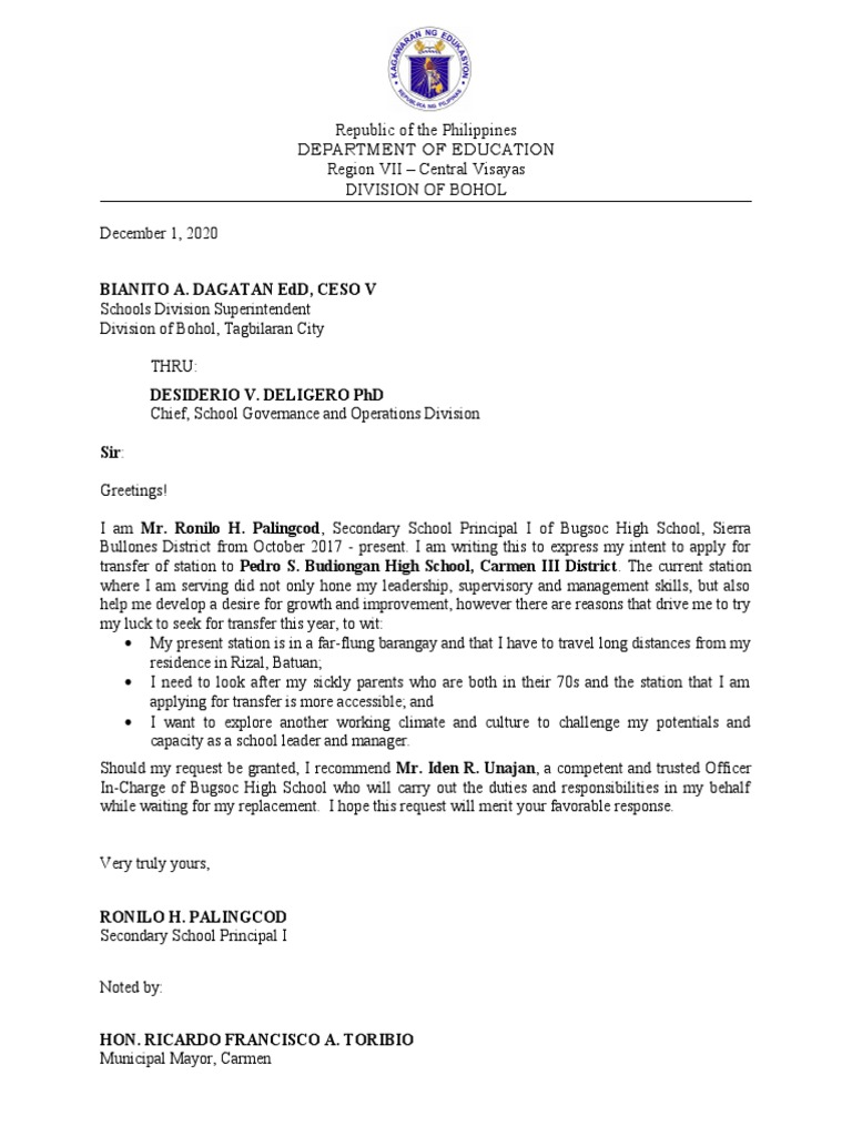 Letter of Intent For Transfer PSB HS | PDF