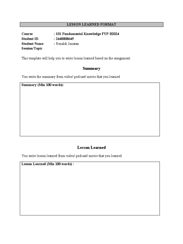 Lesson Learned Template for SIS FYP | PDF | Language Arts & Discipline ...