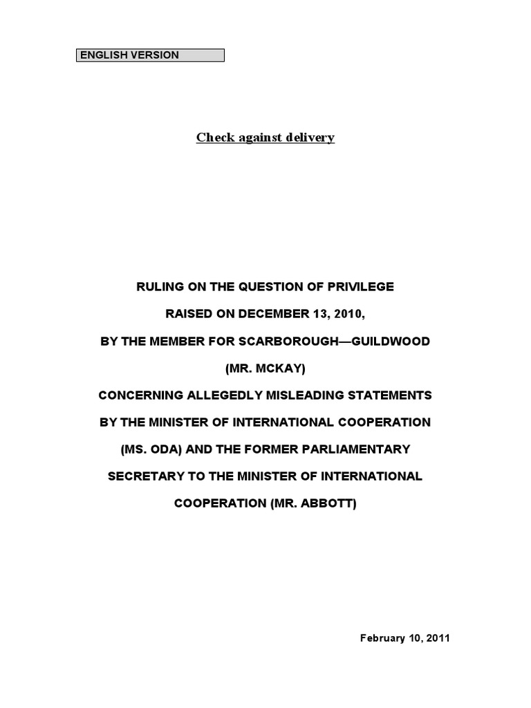 Check Against Delivery: English Version | PDF | Speaker (Politics ...