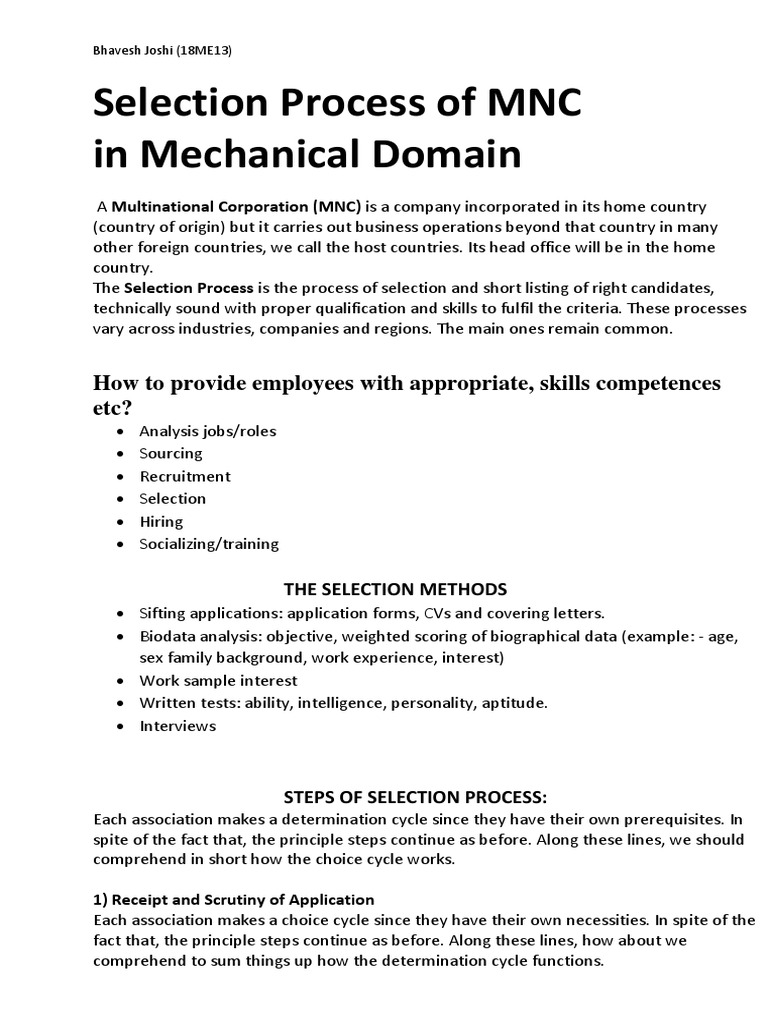 Selection Process of MNC | PDF | Competence (Human Resources) | Multinational Corporation