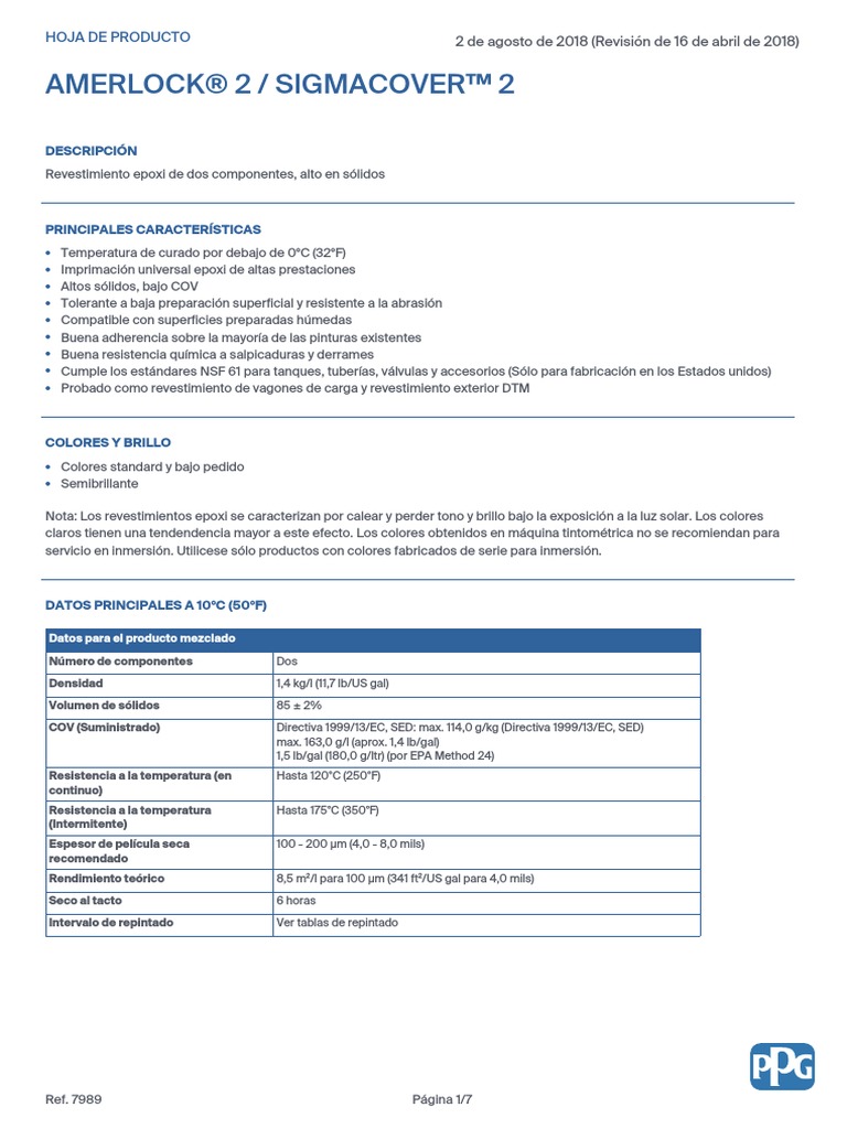 Ficha Tecnica Sigmacover 2 ESP PDF | PDF | Acero | Información