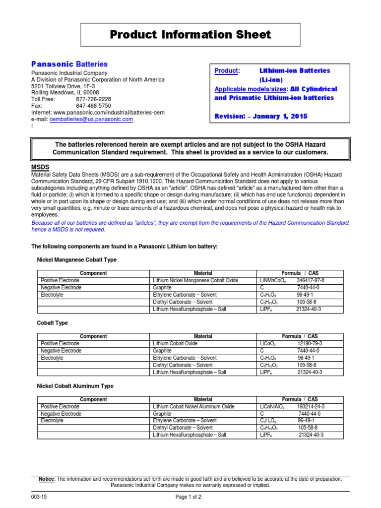 Product Information Sheet: Batteries | PDF | Lithium Ion Battery ...