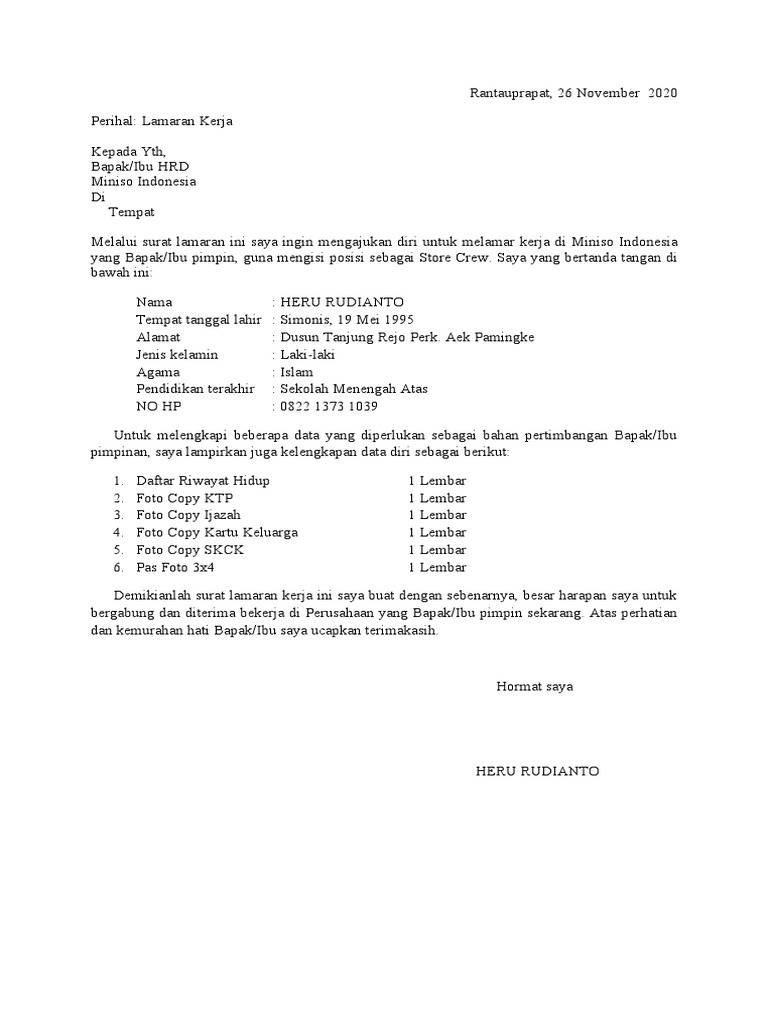 Surat Lamaran Kerja Heru Rudianto | PDF | Kesehatan Holistik