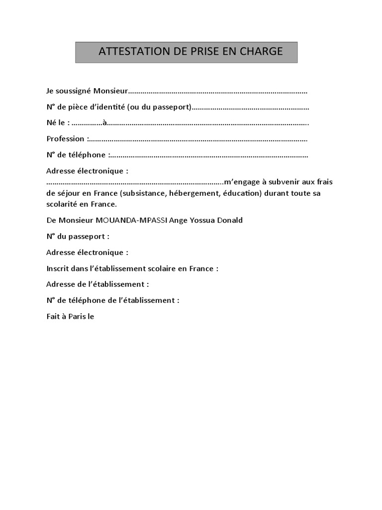 Modèle d’attestation de prise en charge pour visa | attestation de ...