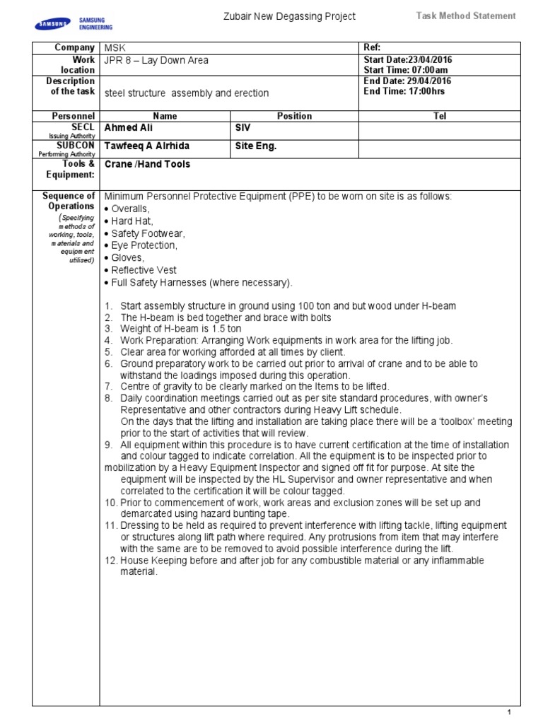 (Mobilization and Assembly of Steel Structure) JPR 8 | PDF | Personal ...
