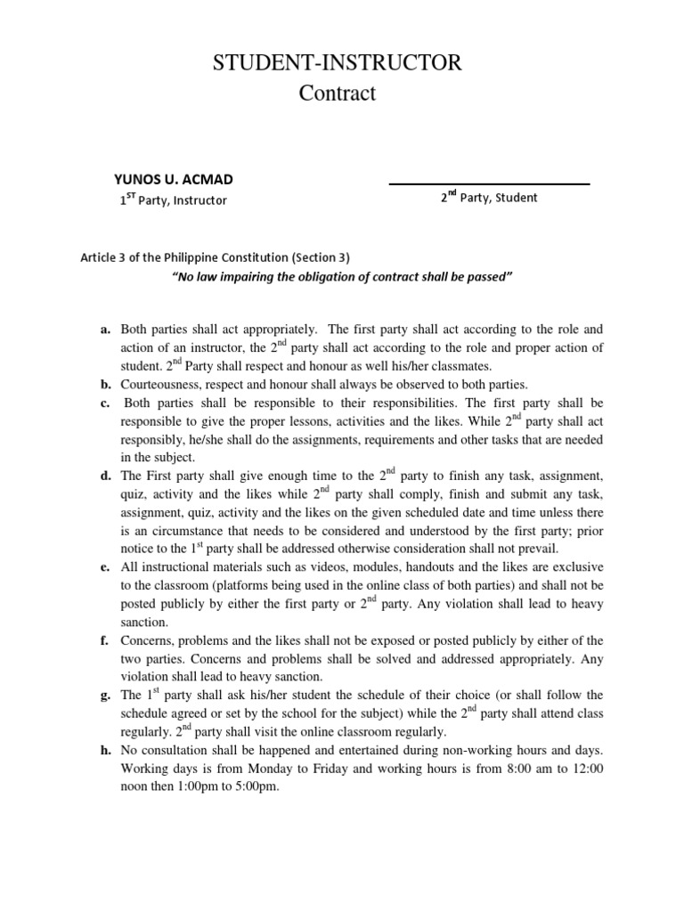 Student-Instructor Contract | PDF | Virtue | Social Institutions