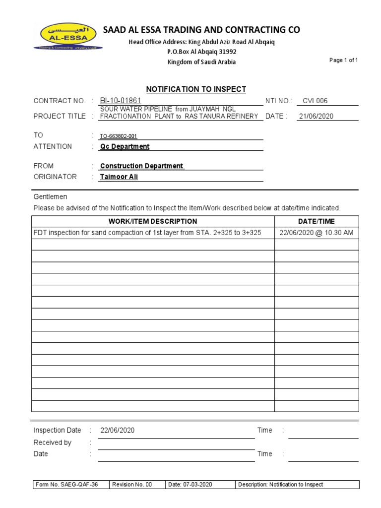 Saad Al Essa Trading and Contracting Co: Notification To Inspect | PDF
