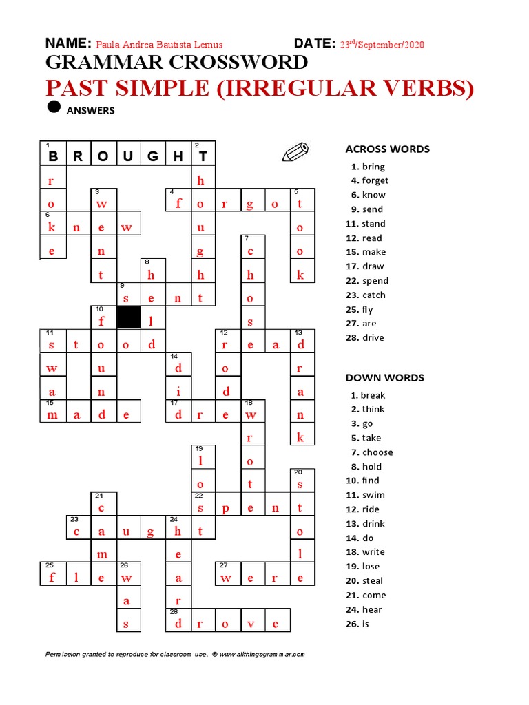 Past Simple (Irregular Verbs) : Grammar Crossword | PDF | Grammar ...