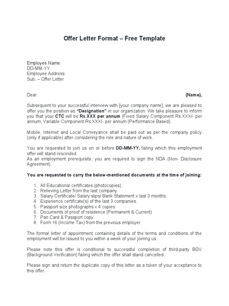 Free Offer Letter Template | PDF