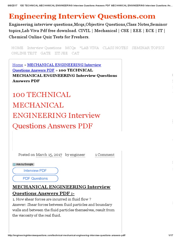 100 TECHNICAL MECHANICAL ENGINEERING Interview Questions Answers PDF MECHANICAL ENGINEERING ...