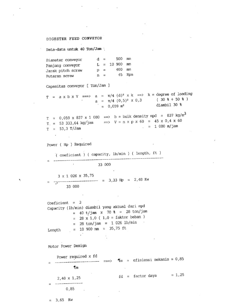 Digester Feed Conveyor Calculation | PDF