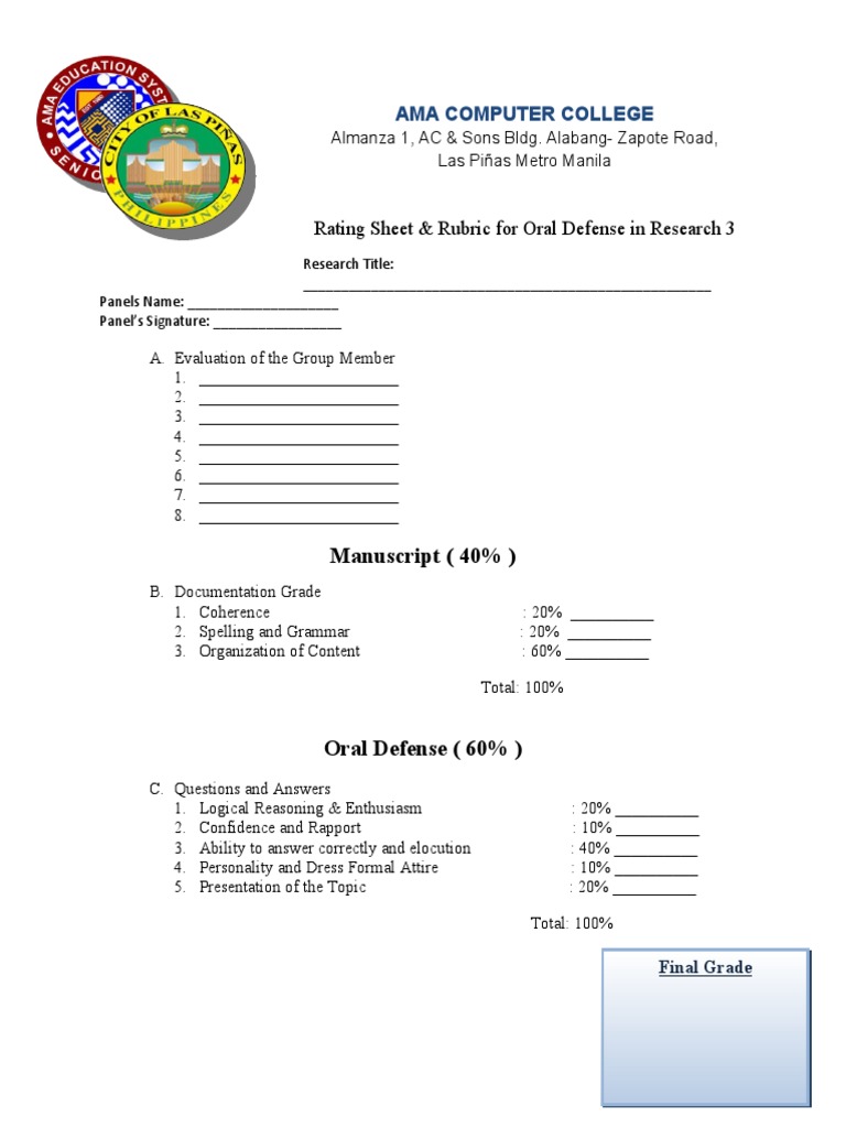 Oral Defense Evaluation Rubric | PDF | Career & Growth