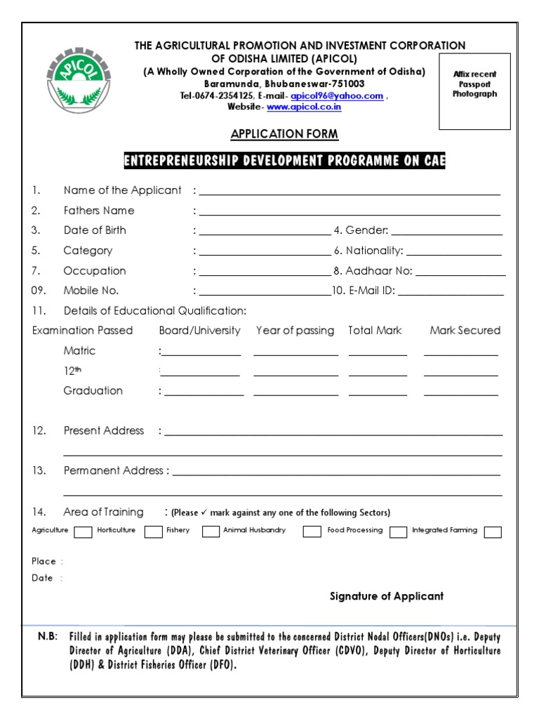 Application Form: The Agricultural Promotion and Investment Corporation ...