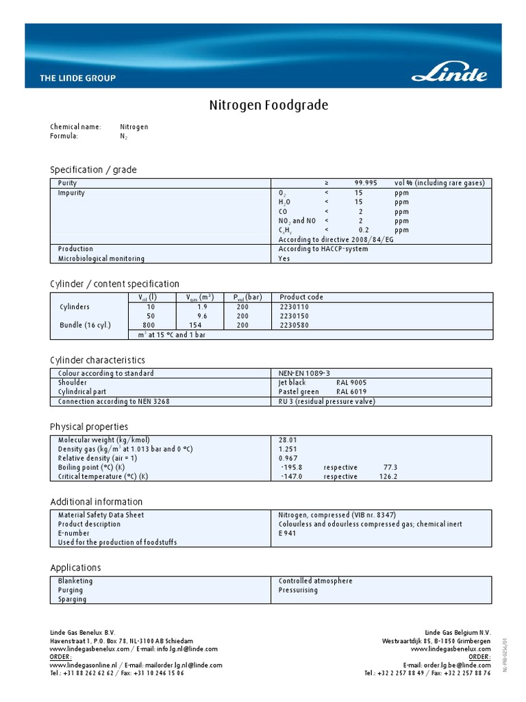Nitrogen Foodgrade - Linde - EN-PIB-0256 | PDF | Nitrogen | Gases