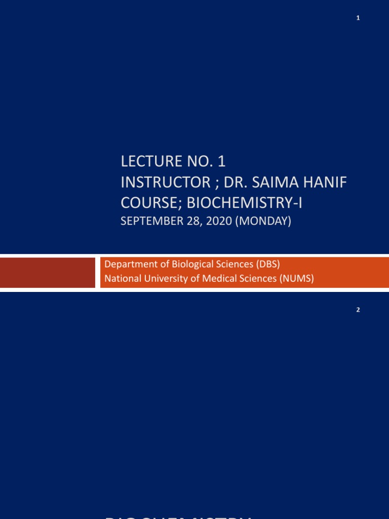 Lecture No. 1 Instructor Dr. Saima Hanif Course Biochemistry-I | PDF ...