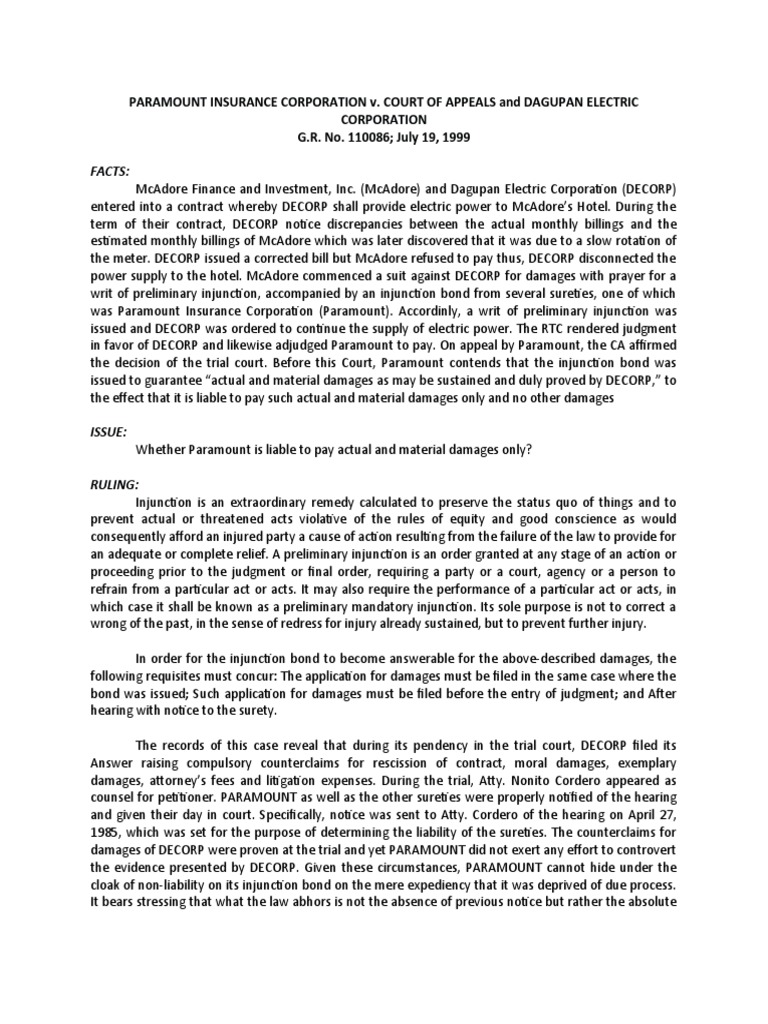 Paramount Insurance Liability in Injunction Case | PDF | Surety | Damages