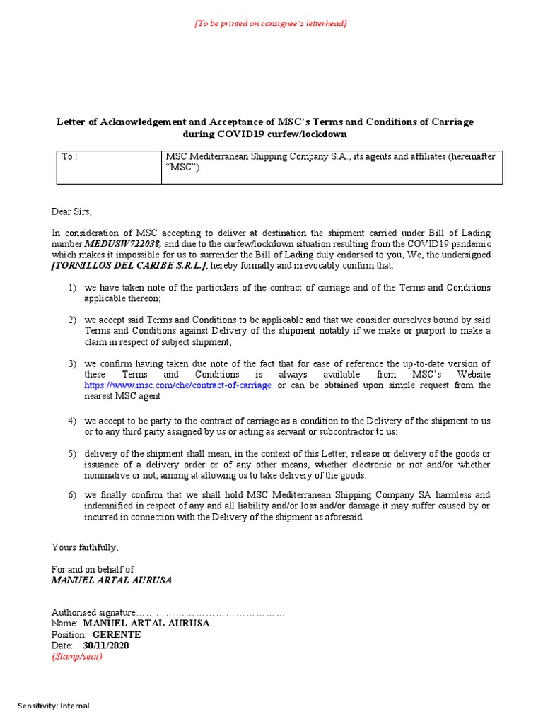 LOA of MSC Contract of Carriage TCS - COVID19 | PDF | Bill Of Lading ...