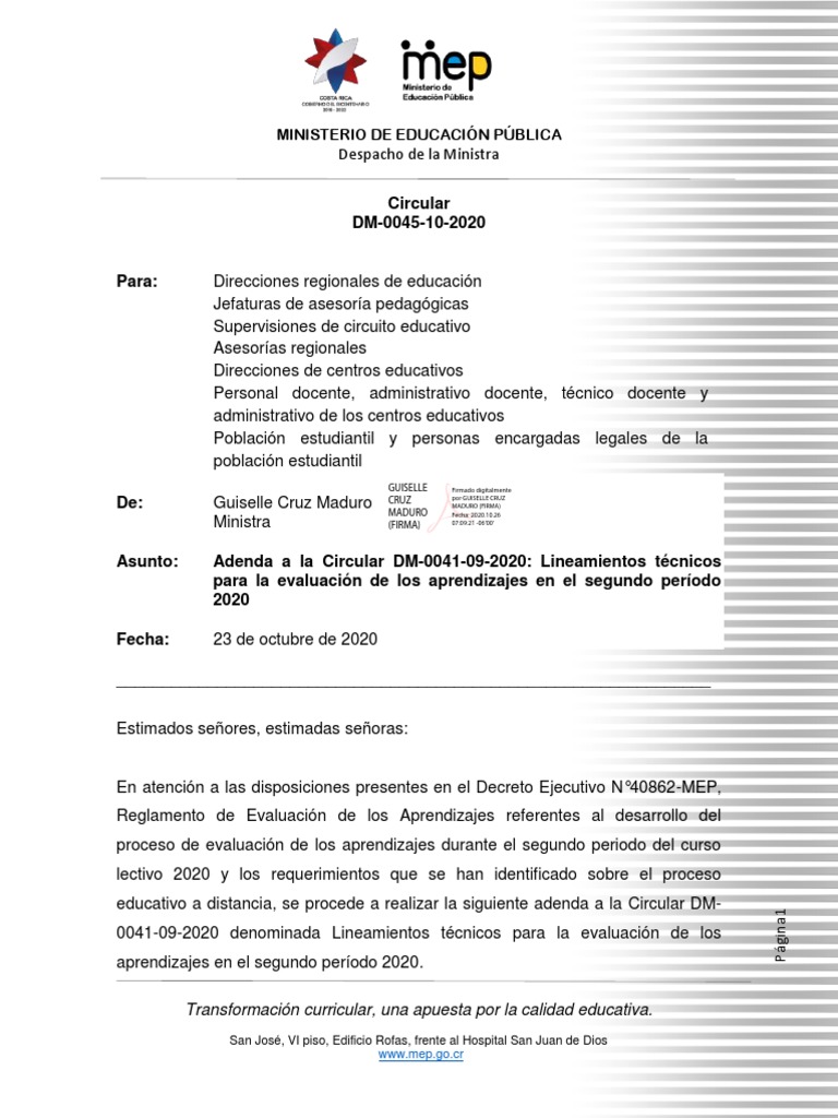 Circular DM-0045-10-2020 PDF | PDF | Evaluación | Plan de estudios