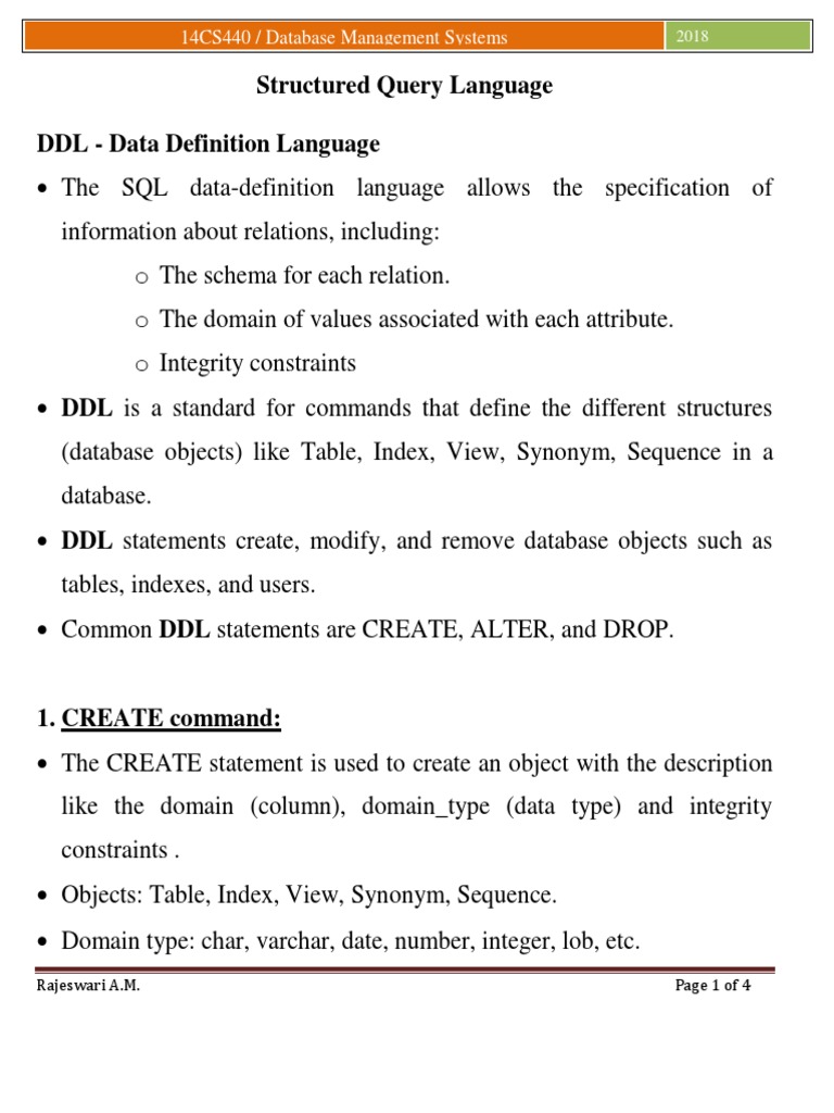 Structured Query Language DDL - Data Definition Language: 14CS440 / Database Management Systems ...