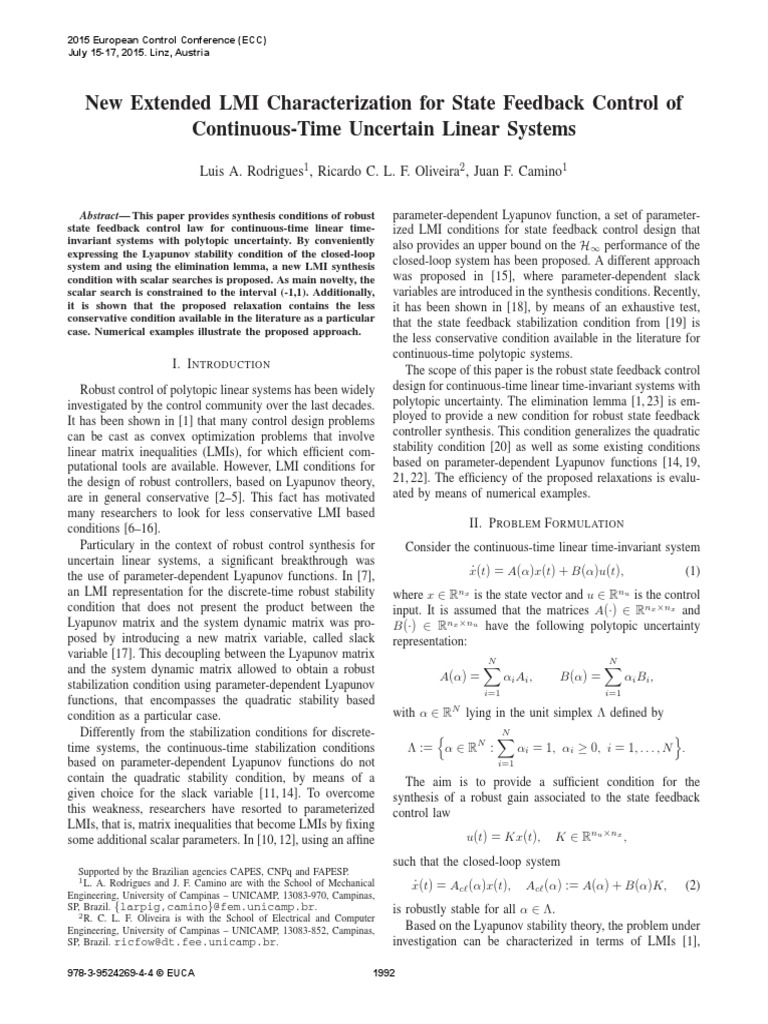 New Extended LMI Characterization For State Feedback Control of Continuous-Time Uncertain Linear ...