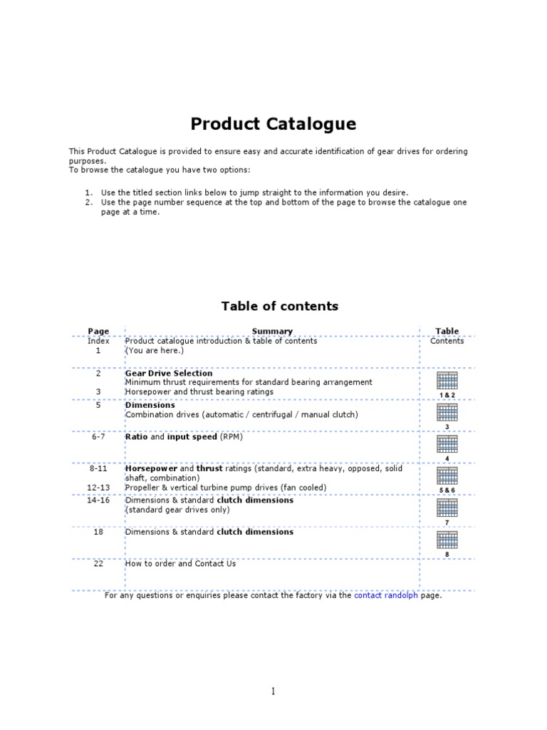 Product Catalogue: Page Summary Table | PDF | Horsepower | Gear