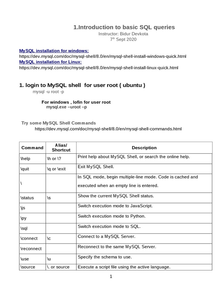 1.introduction To Basic SQL Queries: 1. Login To Mysql Shell For User ...