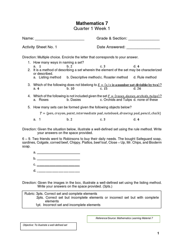 Grade 7 Sets and Subsets Worksheets | PDF | Multiple Choice | Set ...