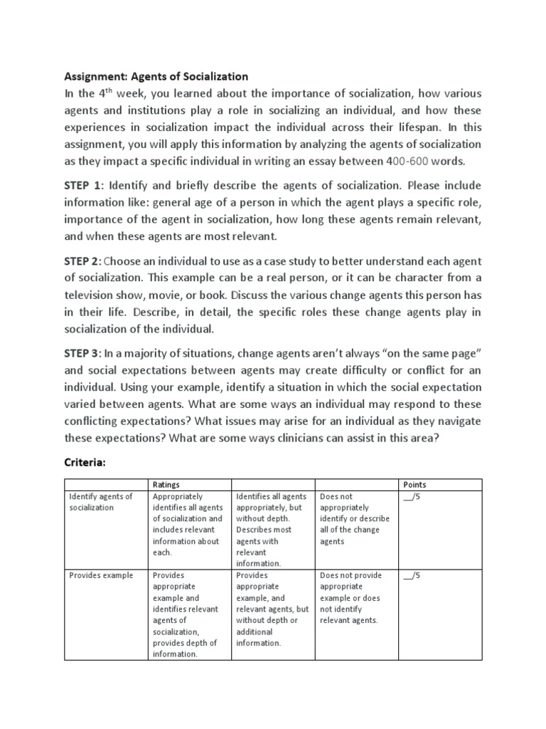 Assignment: Agents of Socialization: Criteria | PDF | Socialization | Turnitin
