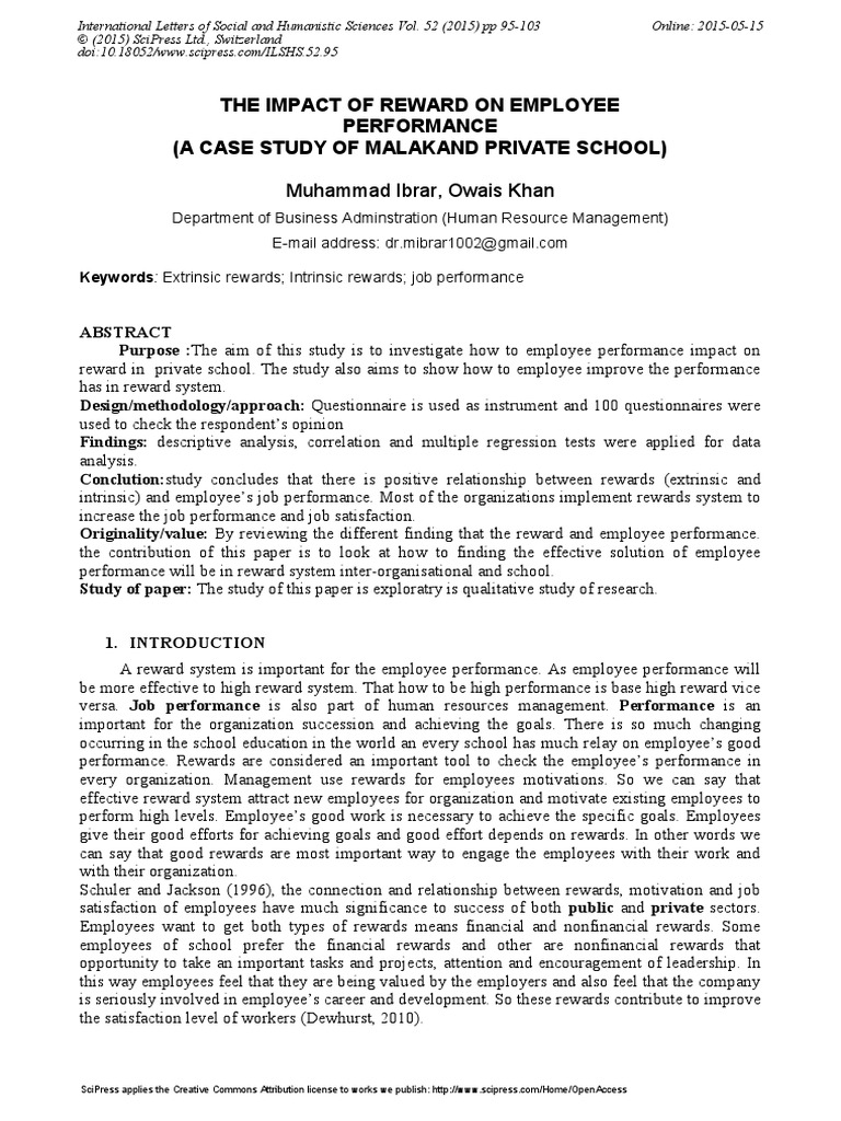 The Impact of Reward On Employee Performance (A Case Study of Malakand Private School) | PDF ...