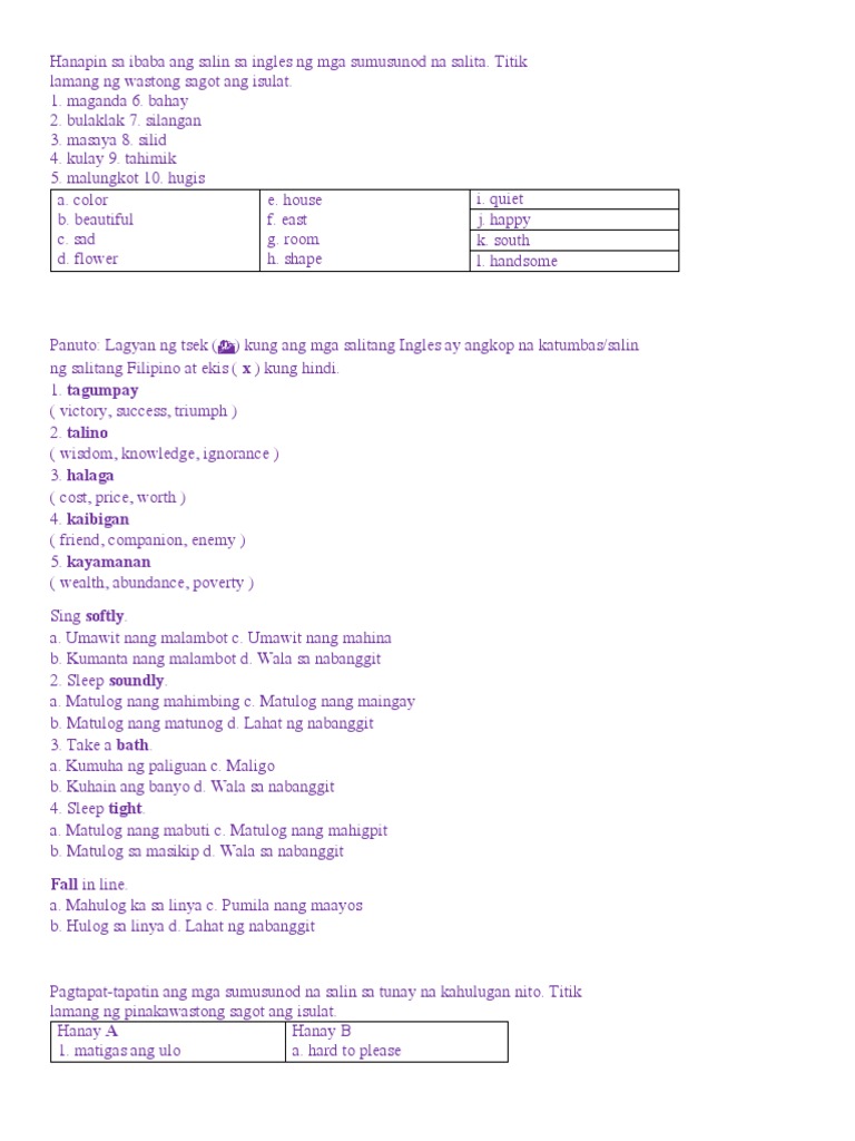 Pagsasaling Wika Exercises | PDF