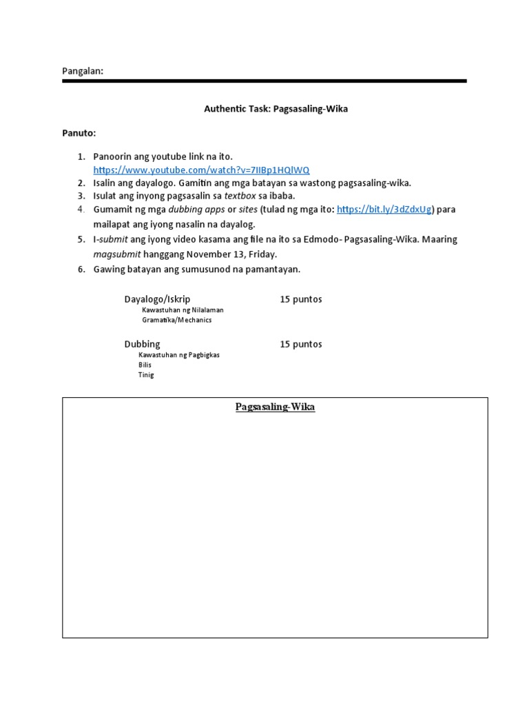 Authentic Task - Pagsasaling-Wika | PDF