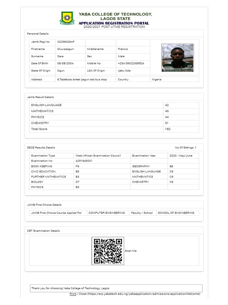 Dare YABATECH POST UTME Registration Form Slip | PDF