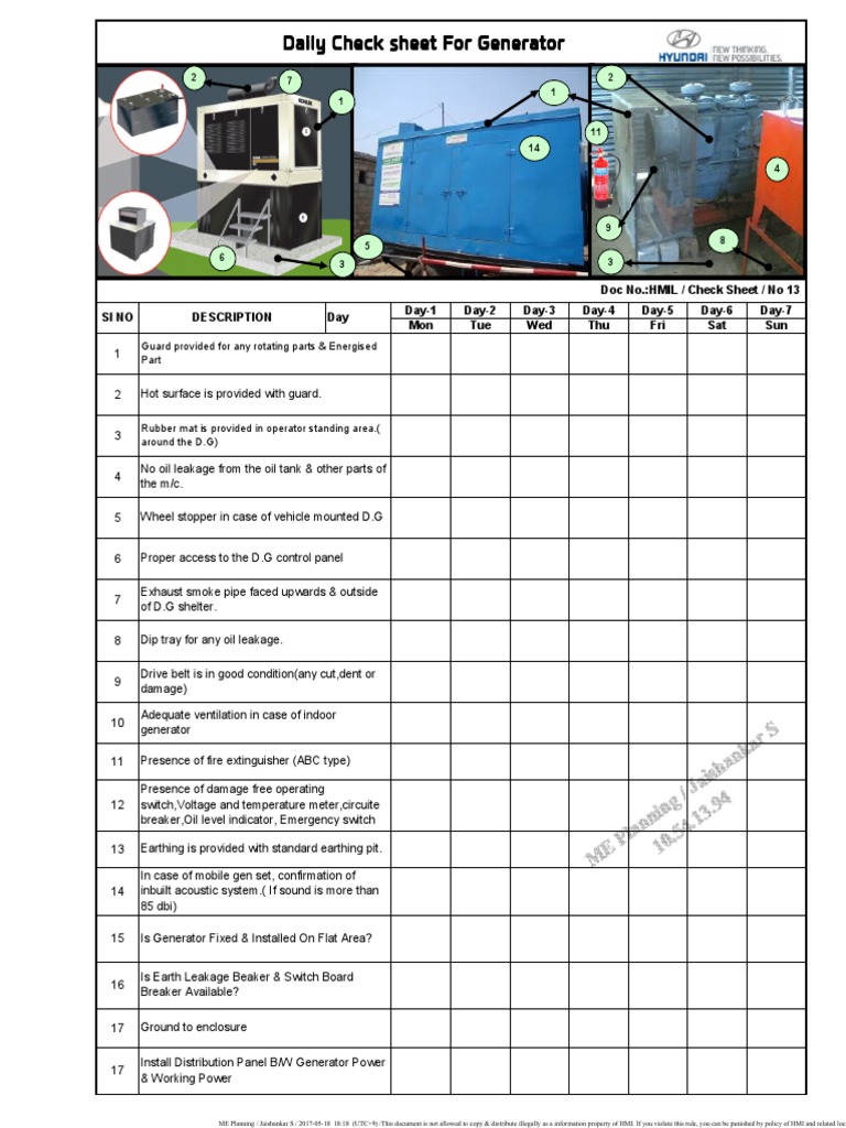 Daily Check Sheet For Generator Daily Check Sheet For Generator Daily ...