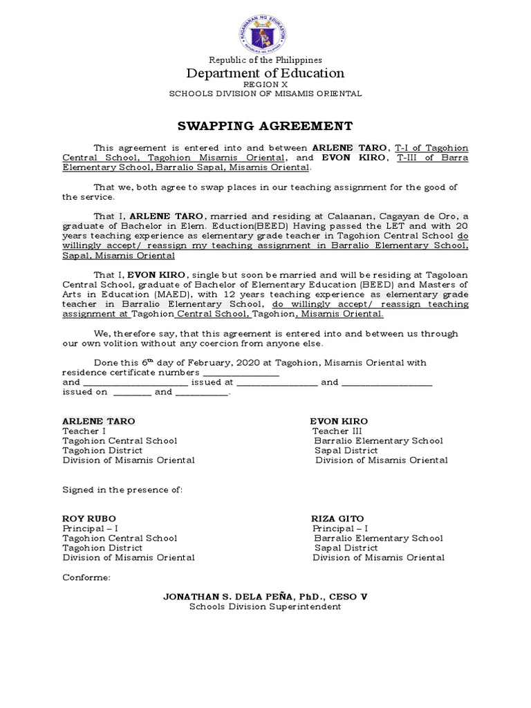 Swapping-Agreement t3 To t1 | PDF | Educational Stages | Learning