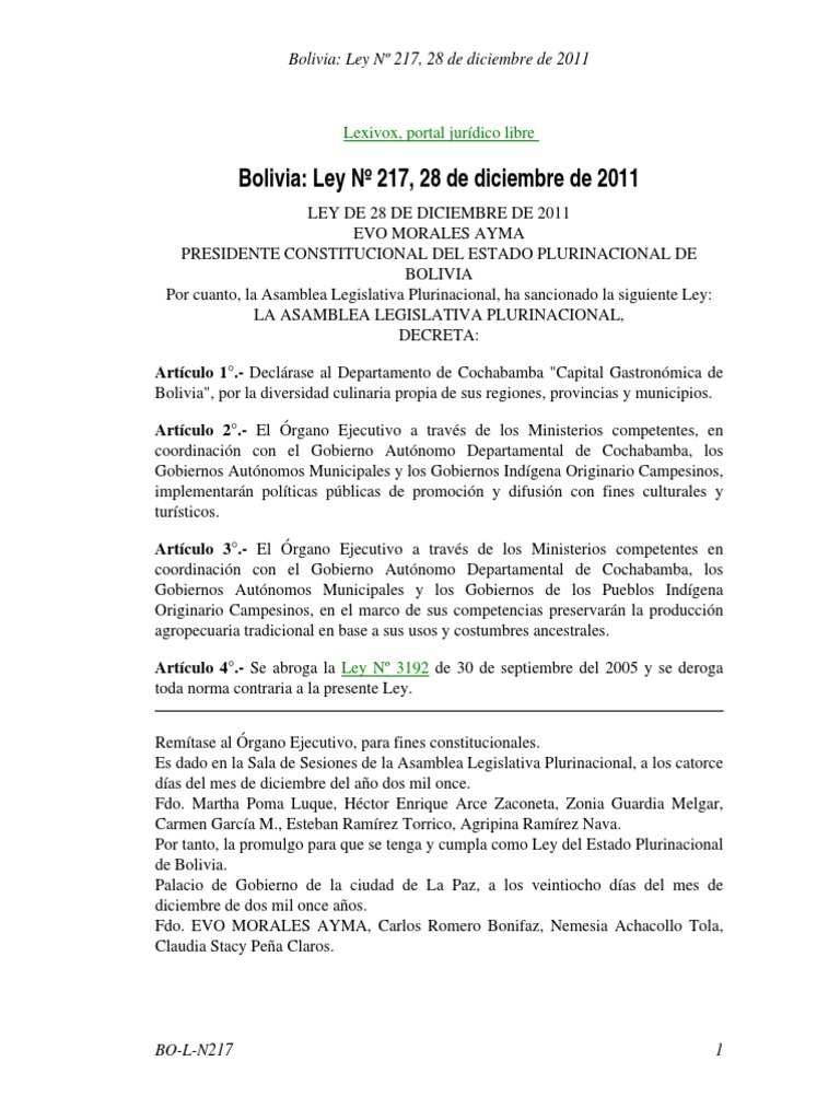 Bolivia: Ley #217, 28 de Diciembre de 2011 | PDF | Bolivia | Esfera pública
