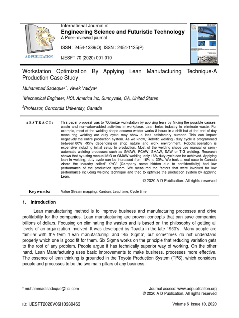 Workstation Optimization by Applying Lean Manufacturing Technique-A Production Case Study | PDF ...