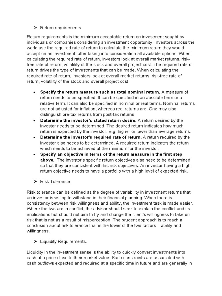 Above. The Investor's Specific Return Objectives Also Need To Be ...