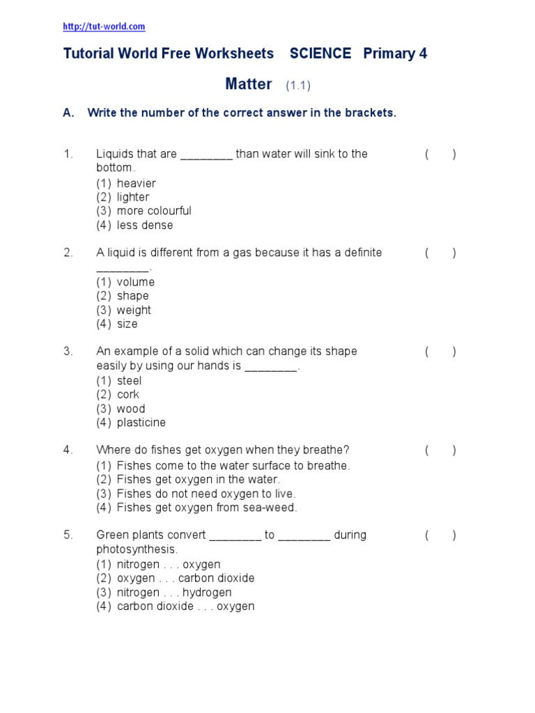 Matter: Tutorial World Free Worksheets SCIENCE Primary 4 | PDF | Water ...