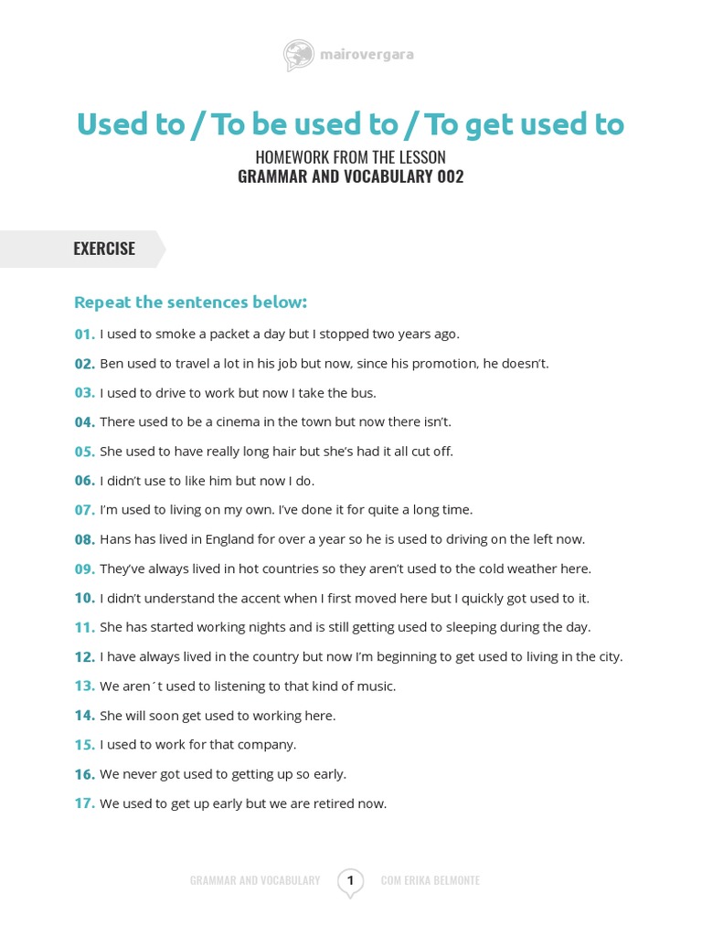Used To / To Be Used To / To Get Used To: Grammar and Vocabulary 002 | PDF