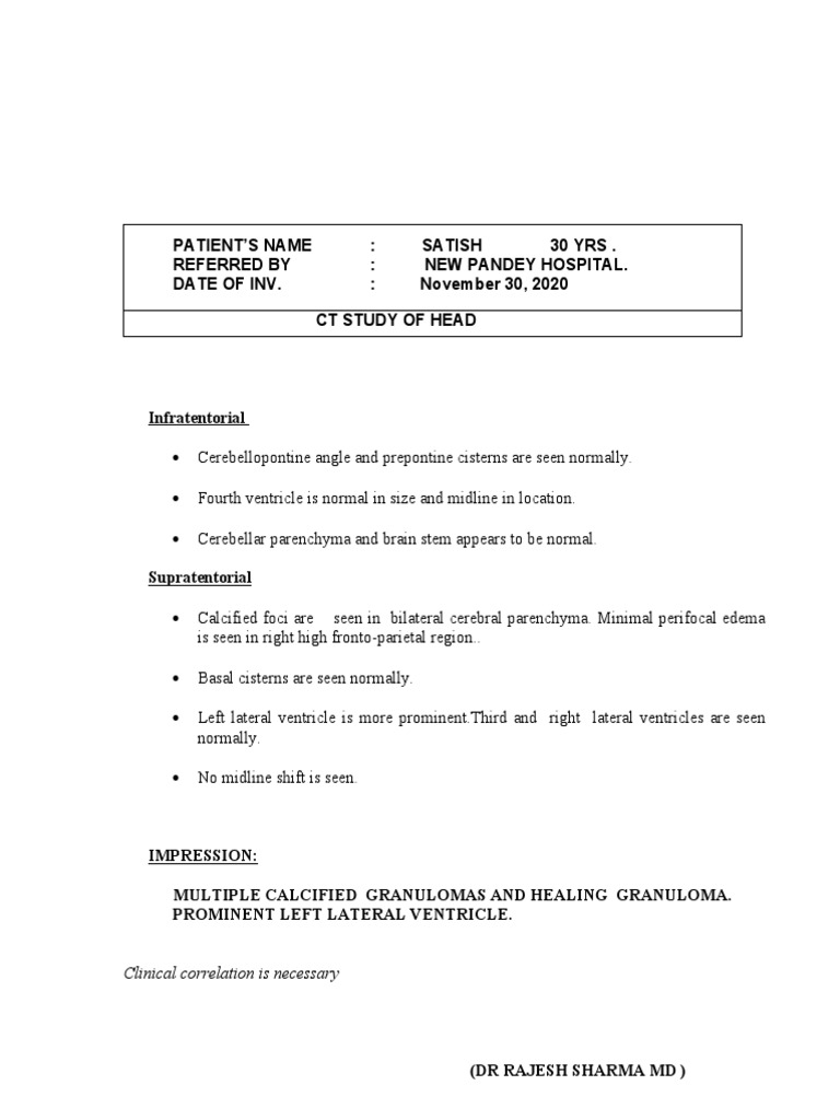 CT Head Report for Satish | PDF