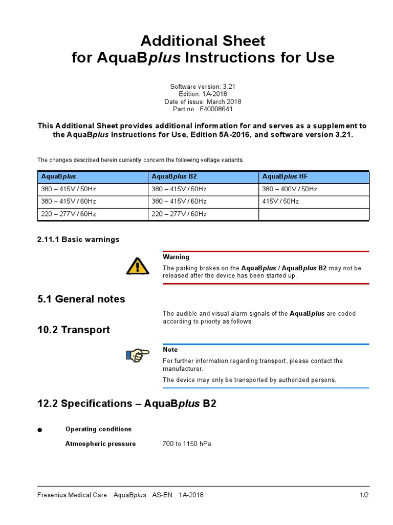 Additional Sheet For Aquabplus Instructions For Use: 5.1 General Notes ...