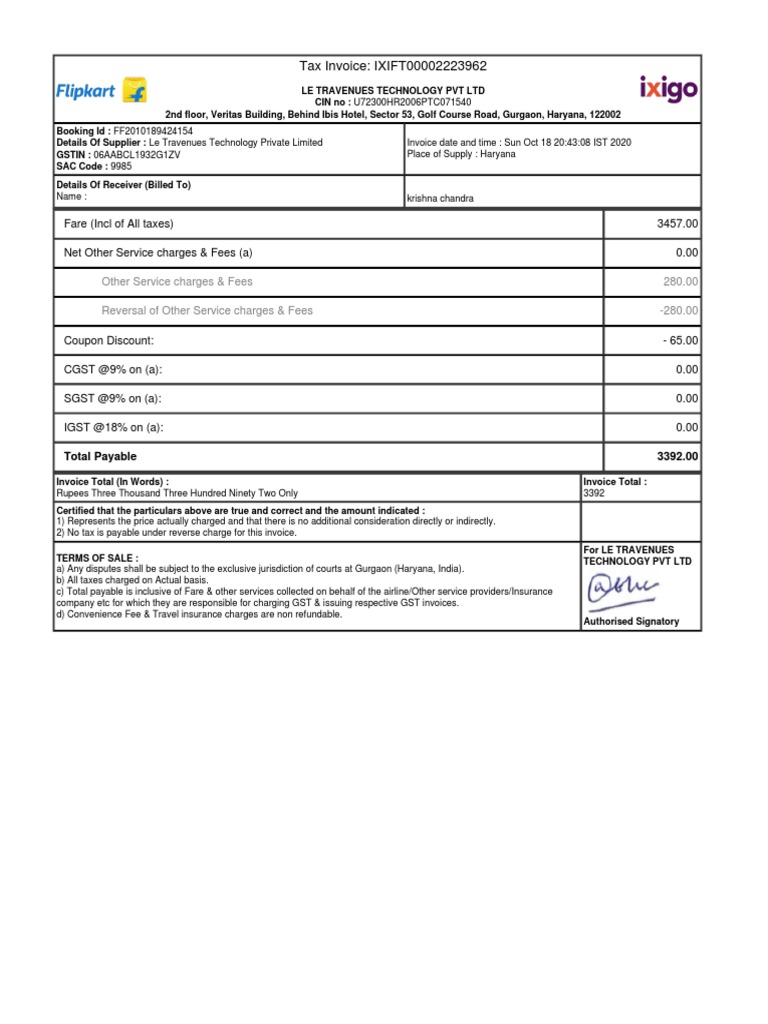 Tax Invoice: IXIFT00002223962: Fare (Incl of All Taxes) 3457.00 Net ...
